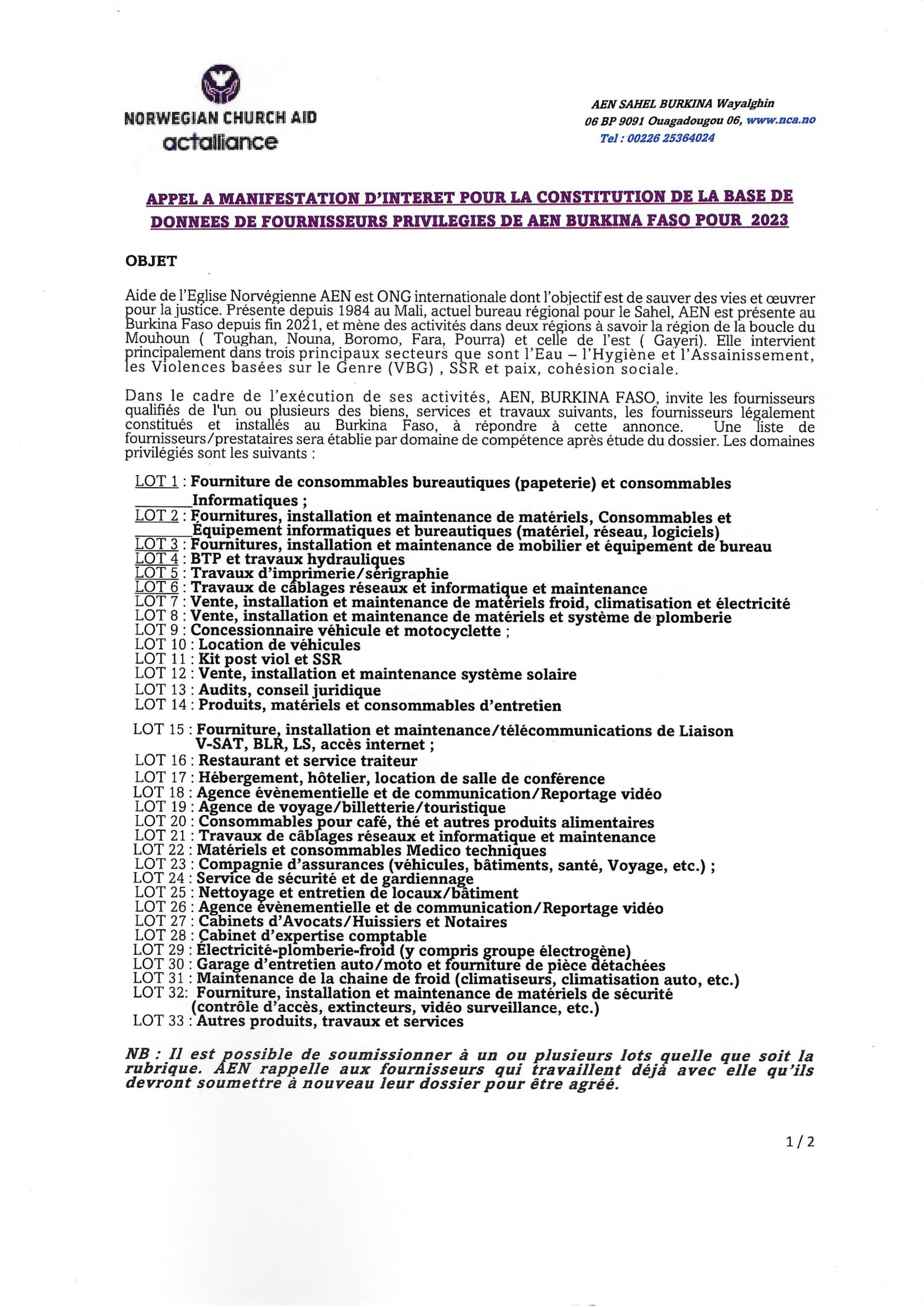 Manifestation d'intérêt pour la constitution de la base de données de fournisseurs privilégiés ...