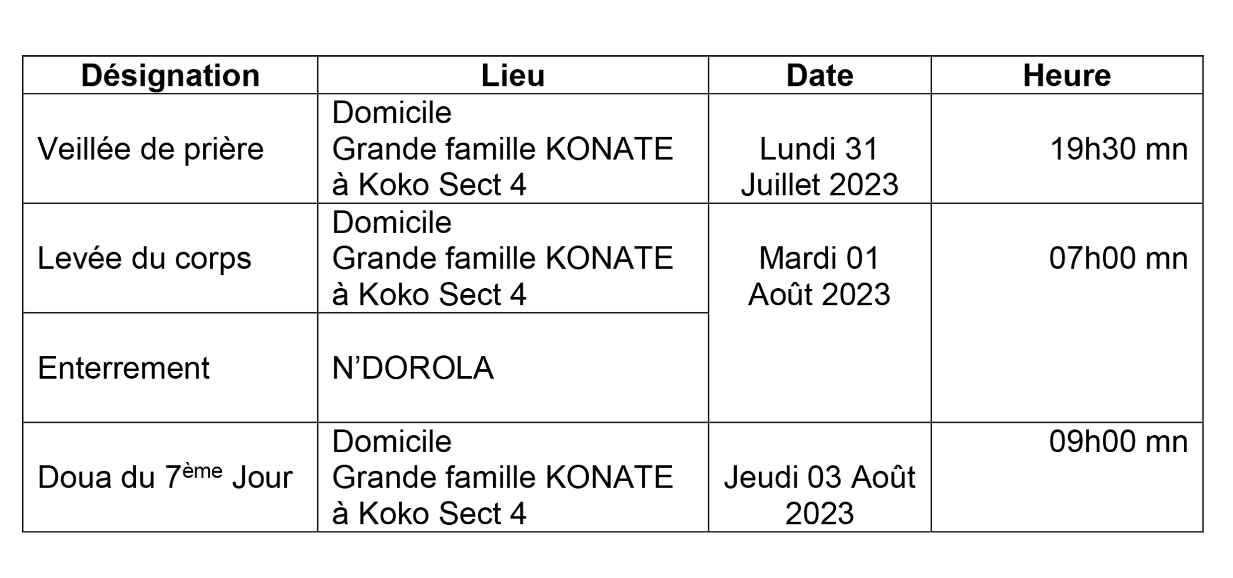 Programme des obseques de madame KONATE NEE DIOP ASSETOU - leFaso.net