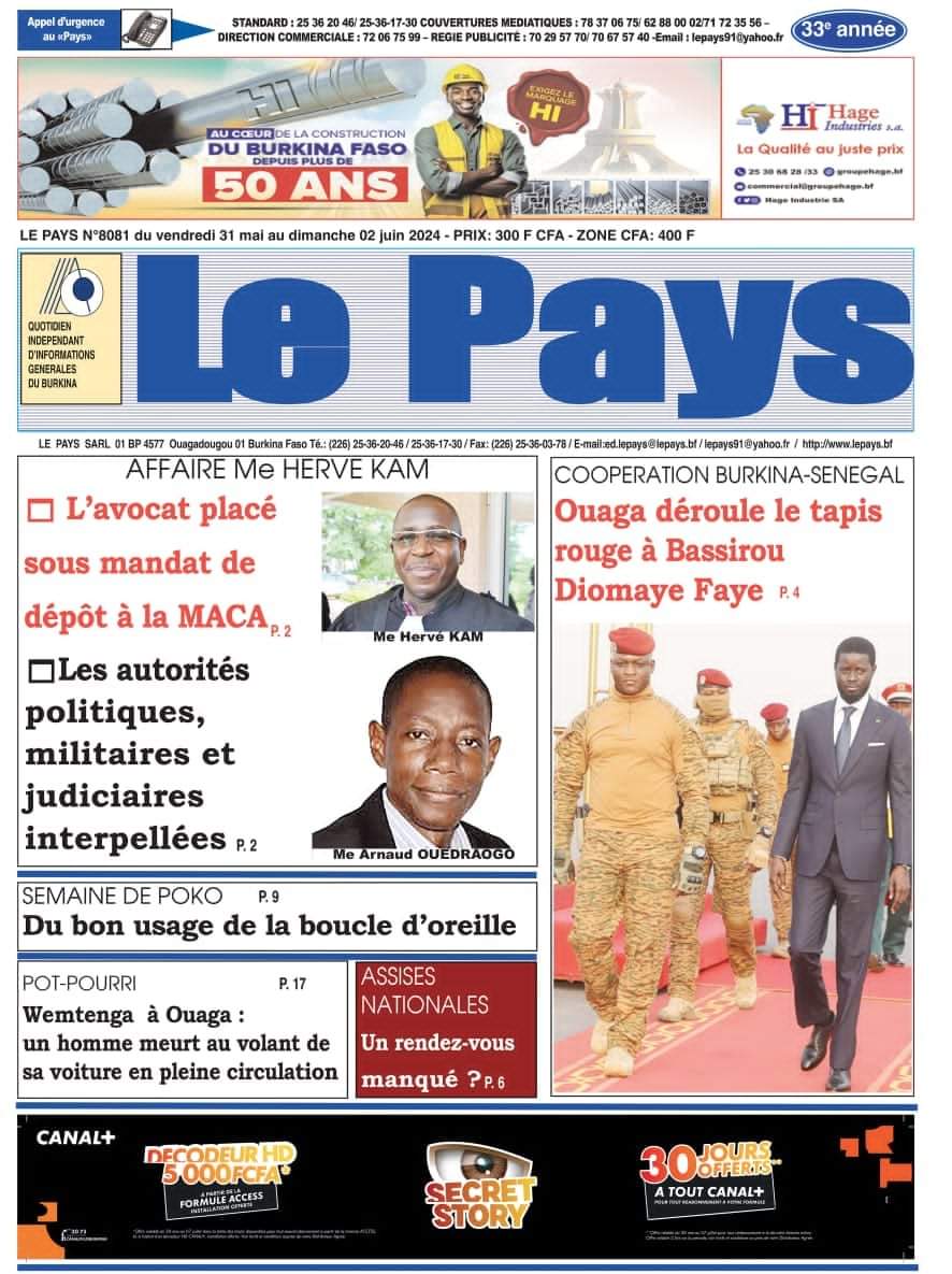 A la Une du vendredi 31 mai 2024 - leFaso.net