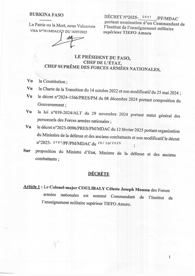 Burkina Faso : Le colonel-major Céleste Joseph Moussa Coulibaly nommé ...