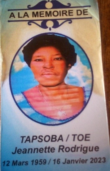 Décès de TAPSOBA NEE TOE JEANNETTE RODRIGUE : Remerciements et faire ...