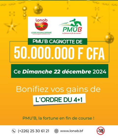Superbe cagnotte au PMU’B d’un montant de 50 000 000 F CFA au 4+1 du dimanche 22 décembre 2024 ...