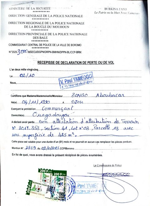 Déclaration de perte d’une attestation d’attribution de terrain ...