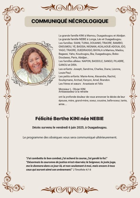 Décès de Félicité Berthe Kini née NEBIE : Faire-part - leFaso.net