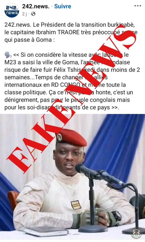 Burkina : Faux ! Le président Ibrahim Traoré ne s’est pas prononcé sur la situation en RDC ...