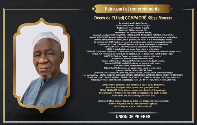 Décès de El Hadj COMPAORÉ Kibsa Moussa : Faire-part et remerciements ...