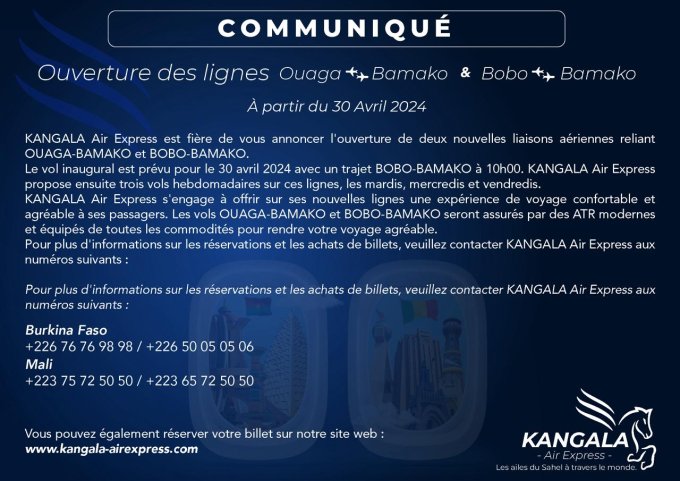 Kangala Air Express annonce l'ouverture de deux nouvelles liaisons ...